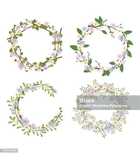 데이지 화환 세트 둥근 프레임 노란색 하트와 귀여운 보라색과 흰색 꽃 카모마일 결혼식 휴일 엽서 포스터 및 디자인을위한 축제