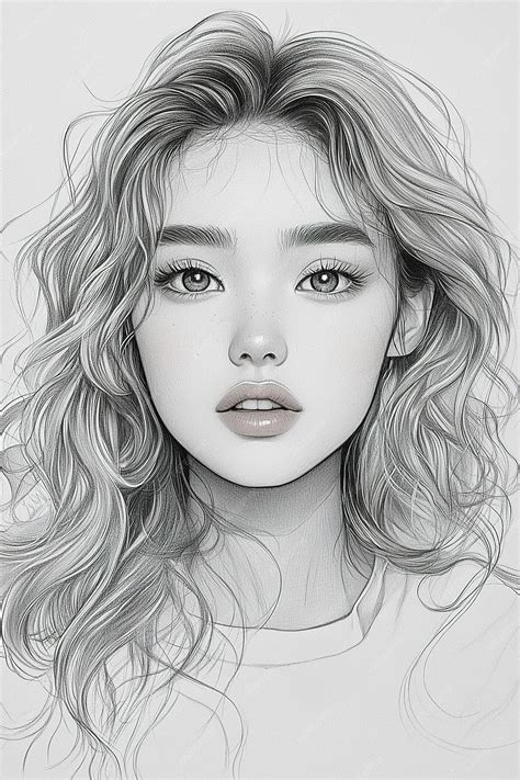 Anime Girl Posing With Wavy Hair Sketch Illustration Premium Ai
