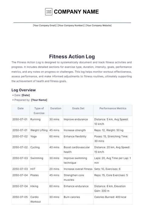 Free Fitness Action Log Template To Edit Online