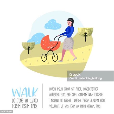 가족 야외 활동 포스터 배너입니다 유모차와 함께 공원에서 산책 하는 어머니 행복 한 사람들은 자연 배경에 편안한입니다 벡터 일러스트 레이 션 레저 추구에 대한 스톡 벡터