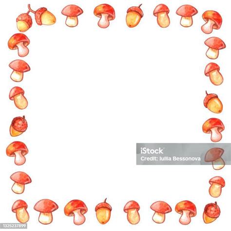 식용 버섯과 도토리로 만든 사각형 프레임 수채화 손으로 그린 템플릿 가을 디자인 추수 감사절 포장 인사말 카드 어린이 인쇄 배경
