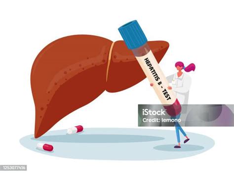 B형 간염에 혈액 검사 여성 간호사 또는 의사 캐릭터 거대한 간에서 생명의 혈액과 거대한 테스트 튜브를 들고 기부 연구소의 자선