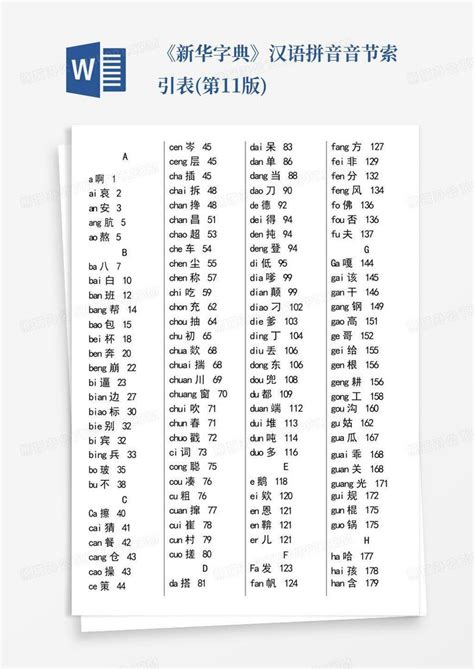新华字典汉语拼音音节索引表 第11版 Word模板下载 编号qzpvjarr 熊猫办公