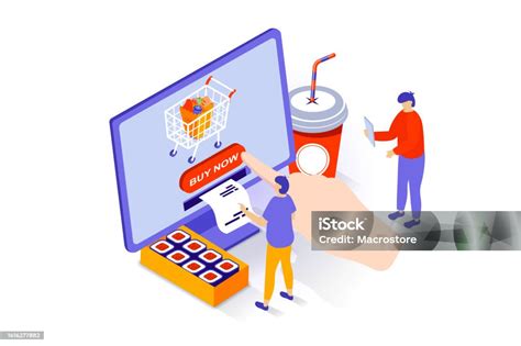 3d 아이소메트릭 디자인의 음식 배달 개념 슈퍼마켓에서 제품 가방을 주문하고 카페에서 스시와 음료를 주문하고 영수증을 구매하고 받습니다 웹 그래픽을 위한 등각측정 장면이