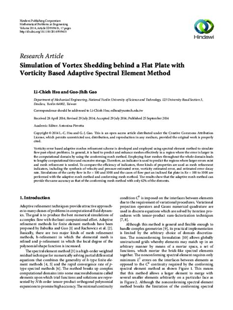 Pdf Simulation Of Vortex Shedding Behind A Flat Plate With Vorticity Based Adaptive Spectral