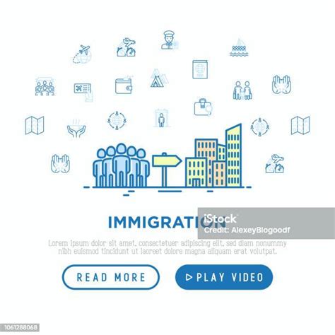 큰 도시에 이동 하는 사람들의 이민 개념 그룹 얇은 선 아이콘 이민자 불법 체류자 수하물 검사 검사 난민 캠프 사회 혜택 벡터 일러스트 레이 션 웹 페이지 서식 파일