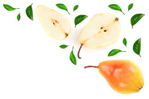 잘 익은 빨간 노란 배 과일 텍스트 복사 공간에 격리 된 흰색 배경 단풍 최고의 볼 수 있습니다 평면 위치 패턴 0명에 대한 스톡 사진 및 기타 이미지 Istock