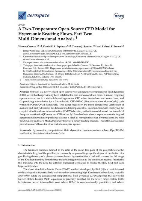 Pdf A Two Temperature Open Source Cfd Model For Hypersonic · Hypersonic Bodies The Direct