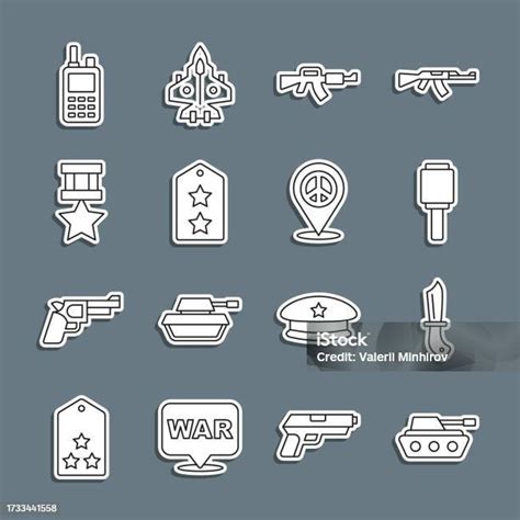 세트 라인 군용 탱크 칼 대전차 수류탄 M16a1 소총 계급 보상 메달 워키토키 및 위치 평화 아이콘 벡터 M16 소총에 대한 스톡 벡터 아트 및 기타 이미지 Istock