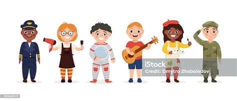 다양한 직업에서 귀여운 아이들의 세트 전문 장비와 유니폼을 입고 미소 짓는 소년과 소녀 아이에 대한 스톡 벡터 아트 및 기타 이미지 아이 직업 다양 Istock