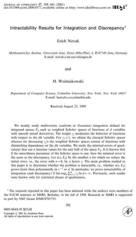 Pdf Intractability Results For Integration And Discrepancy