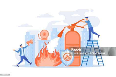 화염 캐릭터를 끄는 소방관 구조 대원 위험한 직업 화재 예방 화재 예방 기술 화재 예방 서비스 개념 플랫 벡터 현대 일러스트 레이 션 만화에 대한 스톡 벡터 아트 및 기타
