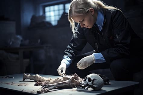 Premium Photo Forensic Scientist Examining A Skeleton As Part Of A