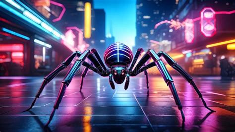 Futuristic Robot Spider On Neon Lit Urban Street Sci Fi Themed Illustration For Tech Articles