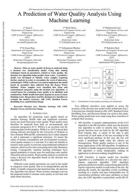 Pdf A Prediction Of Water Quality Analysis Using Machine Learning