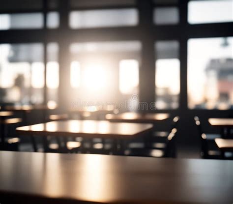 An Empty Classroom With Tables And Chairs Set Up In Rows Stock Image