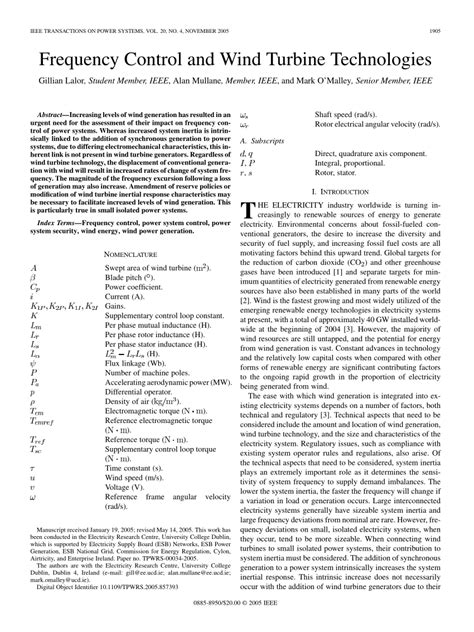 Pdf Frequency Control And Wind Turbine Technologies