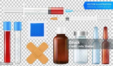 투명 한 배경에 세트 앰플 유리 병 테스트 튜브 주사기 및 의료 석고와 의료 템플릿 벡터 일러스트레이션 개념에 대한 스톡 벡터