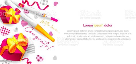 만화 스타일의 임신 계획의 개념 긍정적 인 임신 테스트와 텍스트를위한 공간이있는 흰색 배경에 하트가있는 선물 인사말 카드 0명에