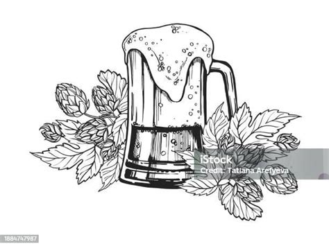 잎과 새싹 맥주 성분 맥주 테마의 흑백 그림 흰색 배경에 고립 된 잉크 그림과 거품과 홉 식물과 전체 맥주 유리의 손으로 그린 벡터 스케치 0명에 대한 스톡 벡터 아트 및
