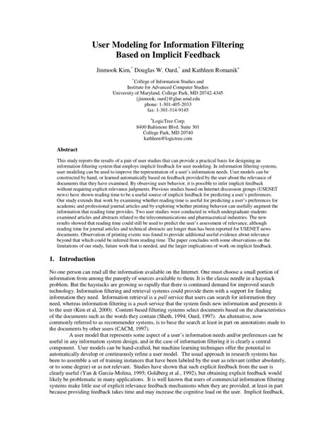 Pdf User Modeling For Information Filtering Based On Implicit Feedback