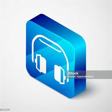 회색 배경에서 격리된 Isometric 헤드폰 아이콘입니다 이어폰 음악 서비스 커뮤니케이션 및 운영자를 청취하기위한 개념 파란색 정사각형 버튼 벡터 3차원 형태에 대한 스톡