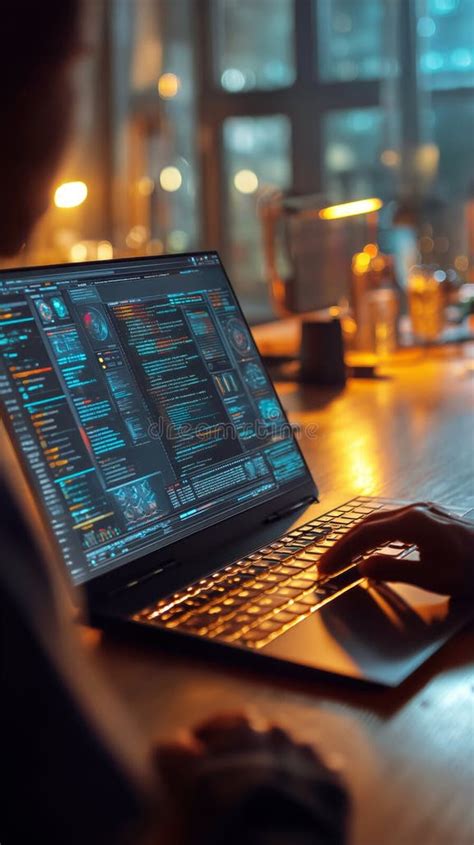 Hands Typing On Laptop Keyboard In A Dimly Lit Room With Multiple Screens Displaying Code Stock