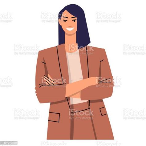 접힌 팔을 가진 양복을 입은 우아한 여성 백인 배경에 고립 된 자신감있는 사업가 웃는 지도자 사무원의 초상화 팔짱 낌에 대한