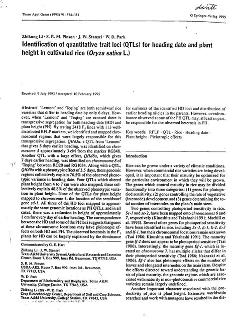 Pdf Identification Of Quantitative Trait Loci Qtls For Heading Date And Plant Height In