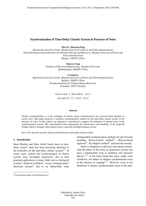 Pdf Synchronization Of Time Delay Chaotic System In Presence Of Noise