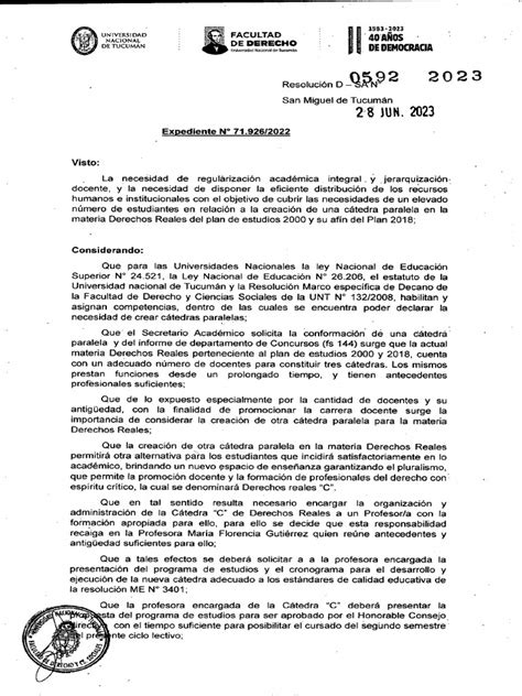 0592 2023 D 71926 2022 Dispone Creacion De La Catedra C De Derechos Reales Pdf
