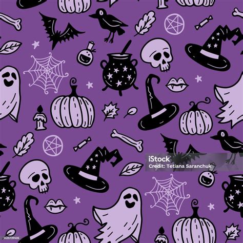 바이올렛 이음새가 없는 벡터 패턴 마법의 손으로 그린 낙서 모자 호박 유령 가마솥에 대한 스톡 벡터 아트 및 기타 이미지 가마솥 가을 거미줄 Istock