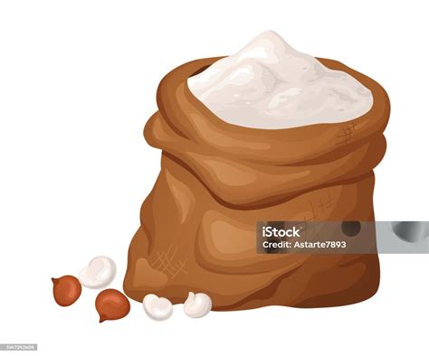 씨앗이있는 나무 그릇에 퀴노아 가루 건강한 글루텐 프리 식품 유기농 제품에 파우데 흰색 배경에 고립된 벡터 일러스트 레이 션 가루로 빻은에 대한 스톡 벡터 아트 및 기타