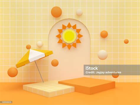어린이 제품 프리젠 테이션을위한 노란색 배경에 태양이있는 맑은 테마 연단 기하학적 3d 렌더링 3차원 형태에 대한 스톡 사진 및
