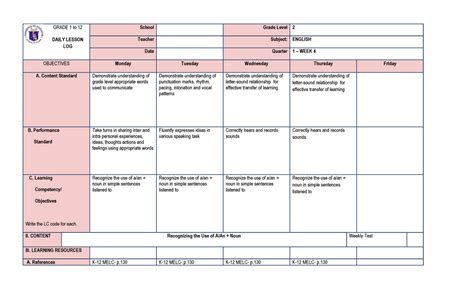 week4 dll english dll grade 1 to 12 daily lesson log school grade