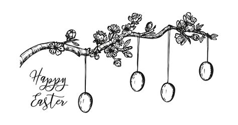 행복한 부활절 카드 벚꽃 가지와 부활절 달걀 스케치 개요 그림이있는 포스터 조각 스타일의 축제 낙서 그리기 손으로 그린 벡터 라인 아트 클립 아트 0명에 대한 스톡 벡터