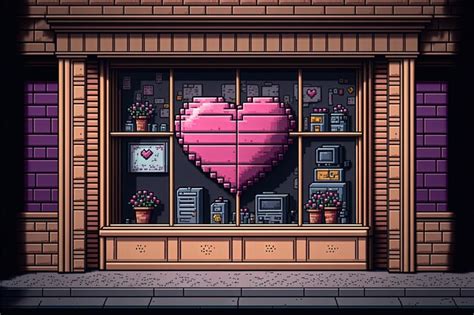 Premium Ai Image Pixel Art Store Front Facade With Valentines Decor Background In Retro Style