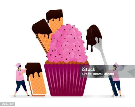 페이스트리 셰프는 아이싱 녹인 초콜릿 바닐라 크림 비스킷 샌드위치로 컵 케이크를 만듭니다 일러스트레이션은 요리책 표지 배너 전단지 광고에 사용할 수 있습니다 갈색에 대한