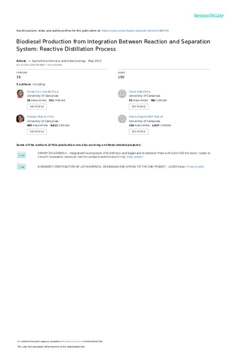 Pdf Biodiesel Production From Integration Between Reaction And Separation System Reactive