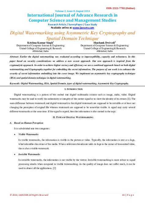 Pdf Digital Watermarking Using Asymmetric Key Cryptography And Spatial Domain Technique