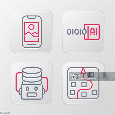 set line neural network artificial intelligence robot binary code and mobile phone icon vector
