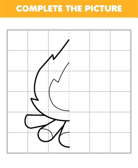 어린이를 위한 교육 게임은 인쇄 가능한 겨울 워크시트를 그리기 위한 귀여운 만화 모닥불 반 개요 그림을 완성합니다 프리미엄 벡터