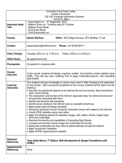Course Outline Cis 145 Fall 2015 Pdf Cascading Style Sheets Html Element