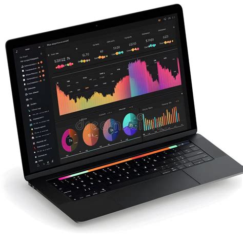 Dark Grey Laptop Displaying Vibrant Data Visualizations And Graphs Stock Illustration