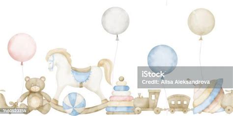 수채화 어린이 베이비 샤워 인사말 카드 또는 초대장을 위한 장난감으로 원활한 국경 운송 흔들리는 말 테디 베어 고립된 배경에