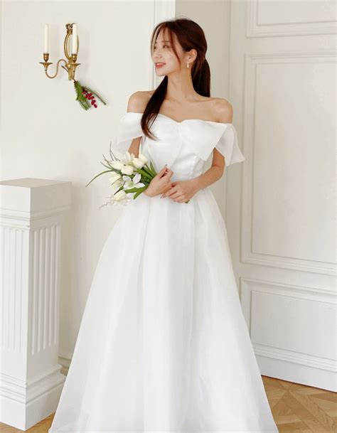 제인 리본 오프숄더 셀프웨딩드레스 스냅촬영 브라이덜샤워 피로연 연주회 돌잔치 파티 2부 원피스 에이블리