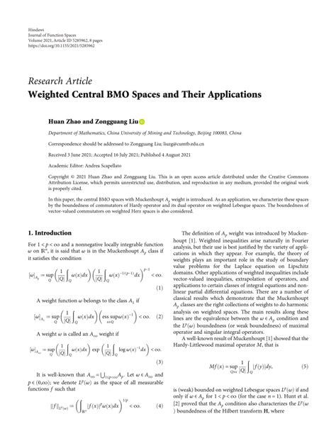 Pdf Weighted Central Bmo Spaces And Their Applications