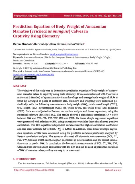 Pdf Prediction Equation Of Body Weight Of Amazonian Manatee