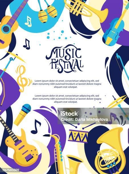 음악 축제에 대한 벡터 배너입니다 손 글자 재즈 콘서트 초대장 인사말 카드 파티 레이아웃 템플릿 성능 광고 브로셔 색소폰 기타 드럼 플랫 스타일 일러스트 재즈에 대한 스톡