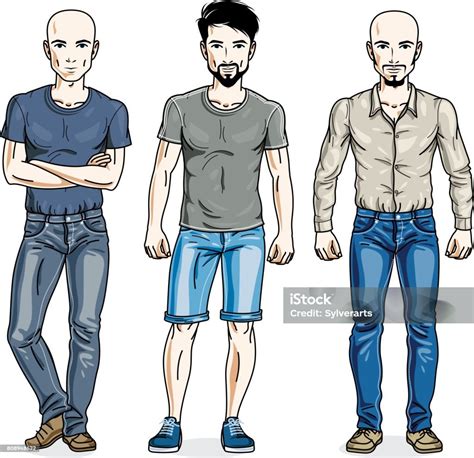 잘생긴 젊은 남자 그룹 서 세련 된 캐주얼 옷을 입고 벡터 사람 그림을 설정합니다 라이프 스타일 테마 남성 캐릭터입니다 Sport Set에 대한 스톡 벡터 아트 및 기타